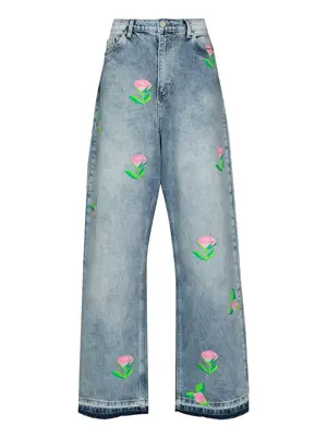 Natasha Zinko Rose-print Wide-leg Jeans - Blue