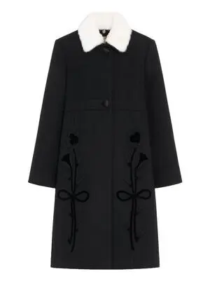 Valentino Garavani Black Compact Drap Coat With Floral Embroidery - Black/white