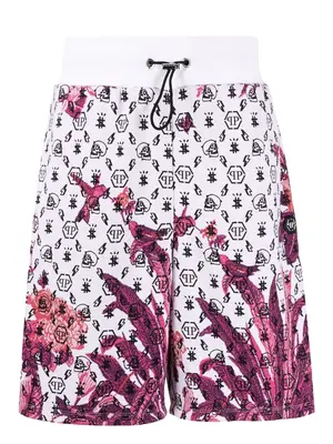 Philipp Plein Floral Logo Drawstring Shorts - White