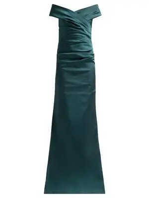 Rickie Freeman For Teri Jon Off-the-shoulder Ruched Satin Gown - Forest