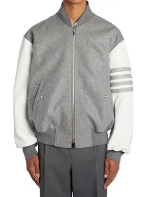 Thom Browne 4-bar Oversize Wool & Leather Bomber Jacket - Medium Grey