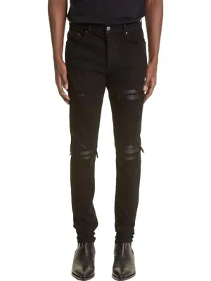 Amiri AMIRI MX1 Leather Patch Ripped Skinny Jeans Black