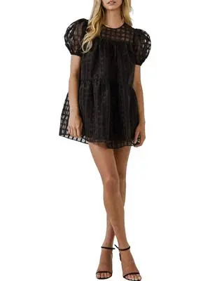English Factory Gridded Puff Sleeve Mini Dress - Black