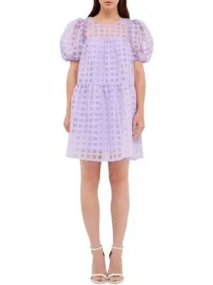 English Factory Gridded Puff Sleeve Mini Dress - Lavender