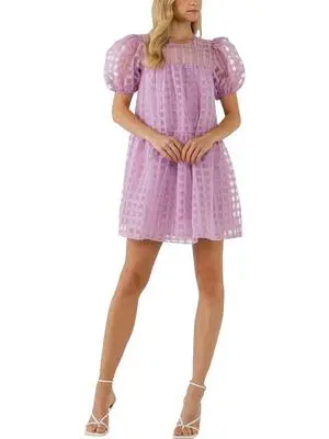 English Factory Gridded Puff Sleeve Mini Dress - Lilac