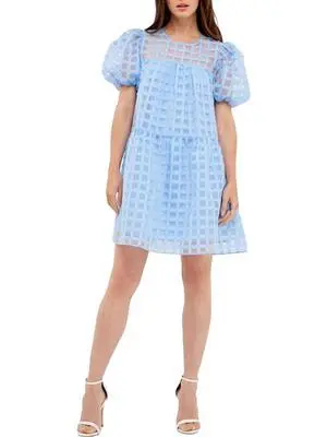 English Factory Gridded Puff Sleeve Mini Dress - Ocean Blue