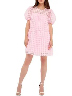 English Factory Gridded Puff Sleeve Mini Dress - Pink