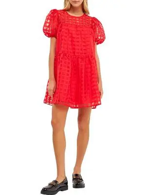 English Factory Gridded Puff Sleeve Mini Dress - Red
