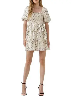 English Factory Polka Dot Tiered Mini Dress - Cream