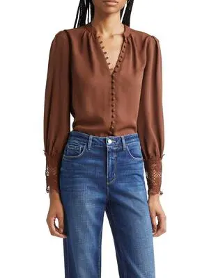 L'Agence Ava Lace Cuff Button-up Blouse - Hot Fudge