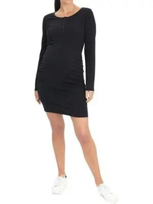 ANGEL MATERNITY Long Sleeve Henley Maternity/nursing Dress - Black
