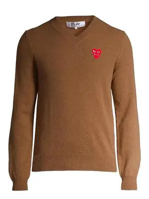 Play Comme Des Garcon Play Double Heart V-neck Pullover Brown