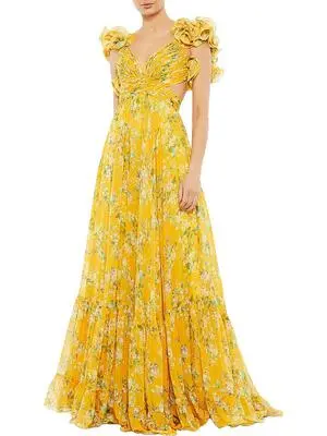 Mac Duggal Floral Cut-Out Chiffon Gown Lemon Multi