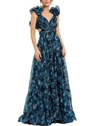 Mac Duggal Floral Cut-Out Chiffon Gown Midnight Multi