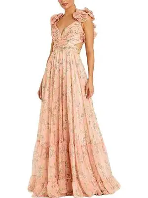 Mac Duggal Floral Cut-Out Chiffon Gown Pink Multi