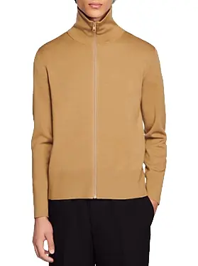 Sandro Zip-Front Wool Cardigan Caramel