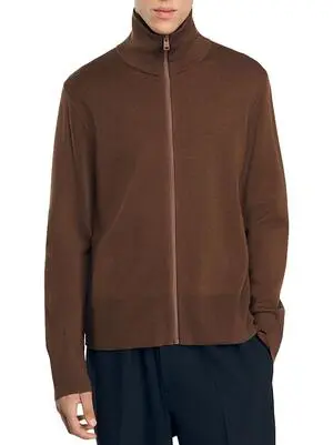 Sandro Zip-Front Wool Cardigan Dark Caramel