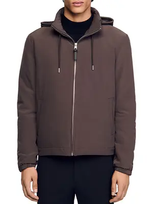 Sandro Hooded Zip-Front Tech Jacket Chocolate