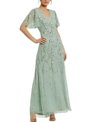 Mac Duggal Embellished Flutter Sleeve Gown - Sage