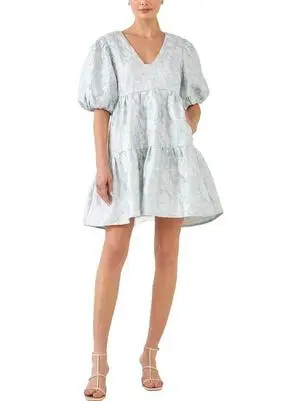 Endless Rose Floral Jacquard Puff Sleeve Dress - Blue