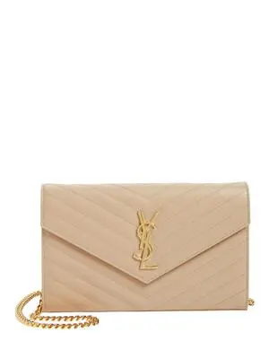 Saint Laurent Cassandre Matelassé Leather Wallet On A Chain Dark Beige