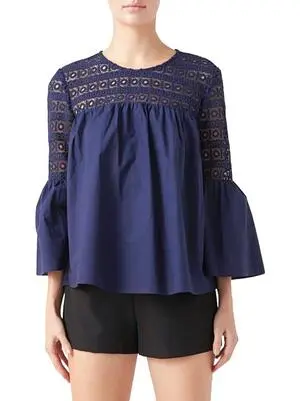 Endless Rose Bell Sleeve Lace Poplin Blouse - Navy