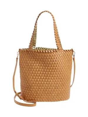 MALI + LILI Mali + Lili Ray Convertible Woven Vegan Leather Tote Camel