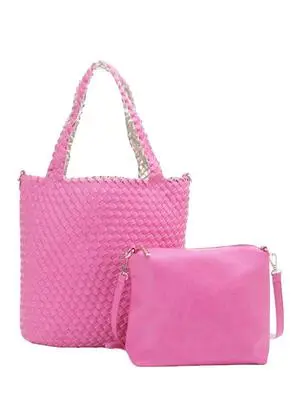 MALI + LILI Ray Convertible Woven Vegan Leather Tote - Hot Pink