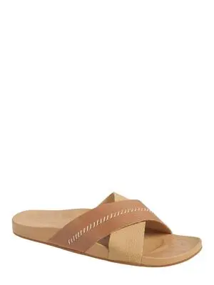Olukai Kipea Olu Leather Slide Sandals - Warm Sand / Warm Sand
