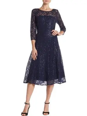 SL FASHIONS Lace Overlay Fit & Flare Midi Dress - Navy