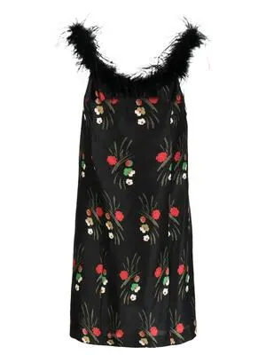 Rixo Floral-print Feather-trim Dress - Black
