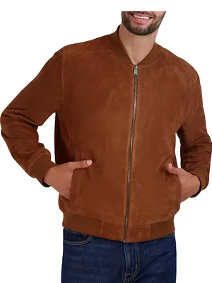 Cole Haan Suede Bomber Jacket Cognac