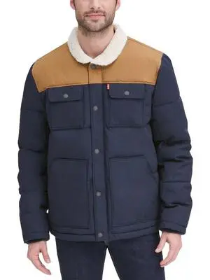 LEVI'S High Pile Fleece Puffer Jacket Navy Worker Brown Yoke
