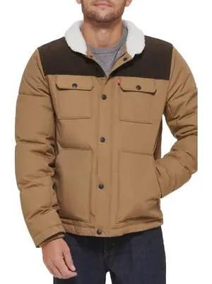 LEVI'S High Pile Fleece Puffer Jacket - Tan Dark Brown Corduroy Yoke