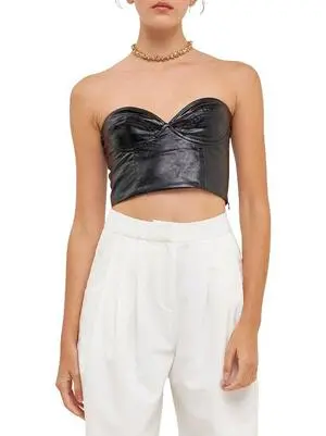 GREY LAB Strapless Faux Leather Bustier Crop Top - Black