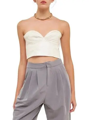 GREY LAB Strapless Faux Leather Bustier Crop Top - White