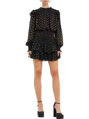 Endless Rose Metallic Dot Shirred Mini Dress - Black