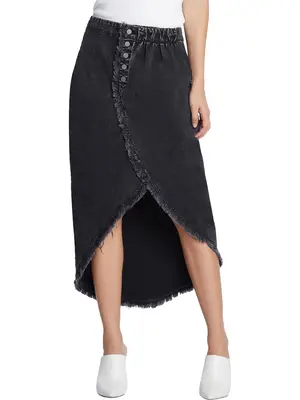 WASH LAB DENIM Wash Lab Denim Button-Front Faux Wrap Skirt Shady Black