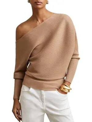 REISS Lorna Off-the-shoulder Ribbed Sweater - Camel