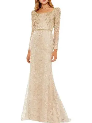 Mac Duggal Embroidered Applique Trumpet Gown - Light Gold