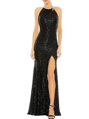 Mac Duggal Sequined High Neck Column Gown - Black
