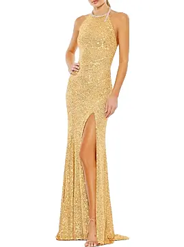 Mac Duggal Mac Duggal Sequined High Neck Column Gown Gold