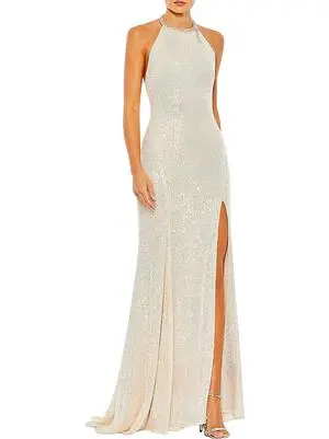 Mac Duggal Mac Duggal Sequined High Neck Column Gown Iridescent