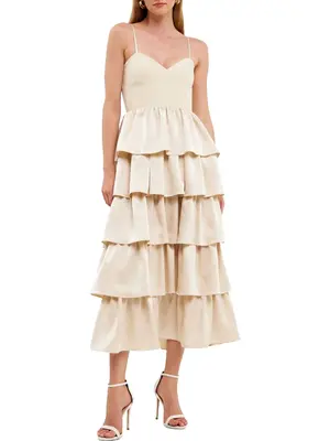 Endless Rose Endless Rose Tiered Satin Midi Dress Taupe