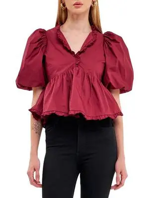 Endless Rose Ruffle Trim Peplum Top - Burgundy