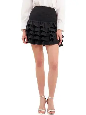 Endless Rose Smocked Tiered Ruffle Miniskirt - Jet Black