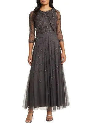 Pisarro Nights Pisarro Nights Beaded Mesh Gown With Jacket Ash