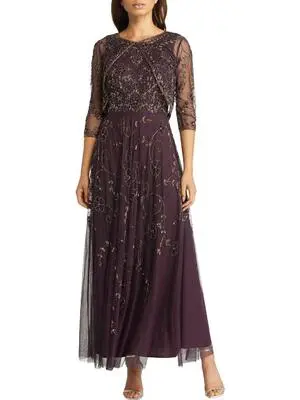Pisarro Nights Pisarro Nights Beaded Mesh Gown With Jacket Eggplant