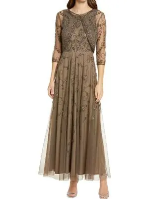 Pisarro Nights Pisarro Nights Beaded Mesh Gown With Jacket Mocha