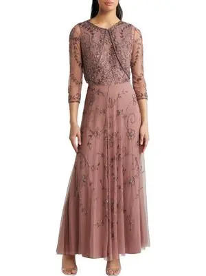 Pisarro Nights Pisarro Nights Beaded Mesh Gown With Jacket New Mauve